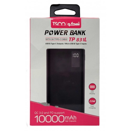 مشخصات، قیمت و خرید پاوربانک 10000 میلی آمپر TSCO فست شارژ 20 وات مدل TP 831L | سیپاس